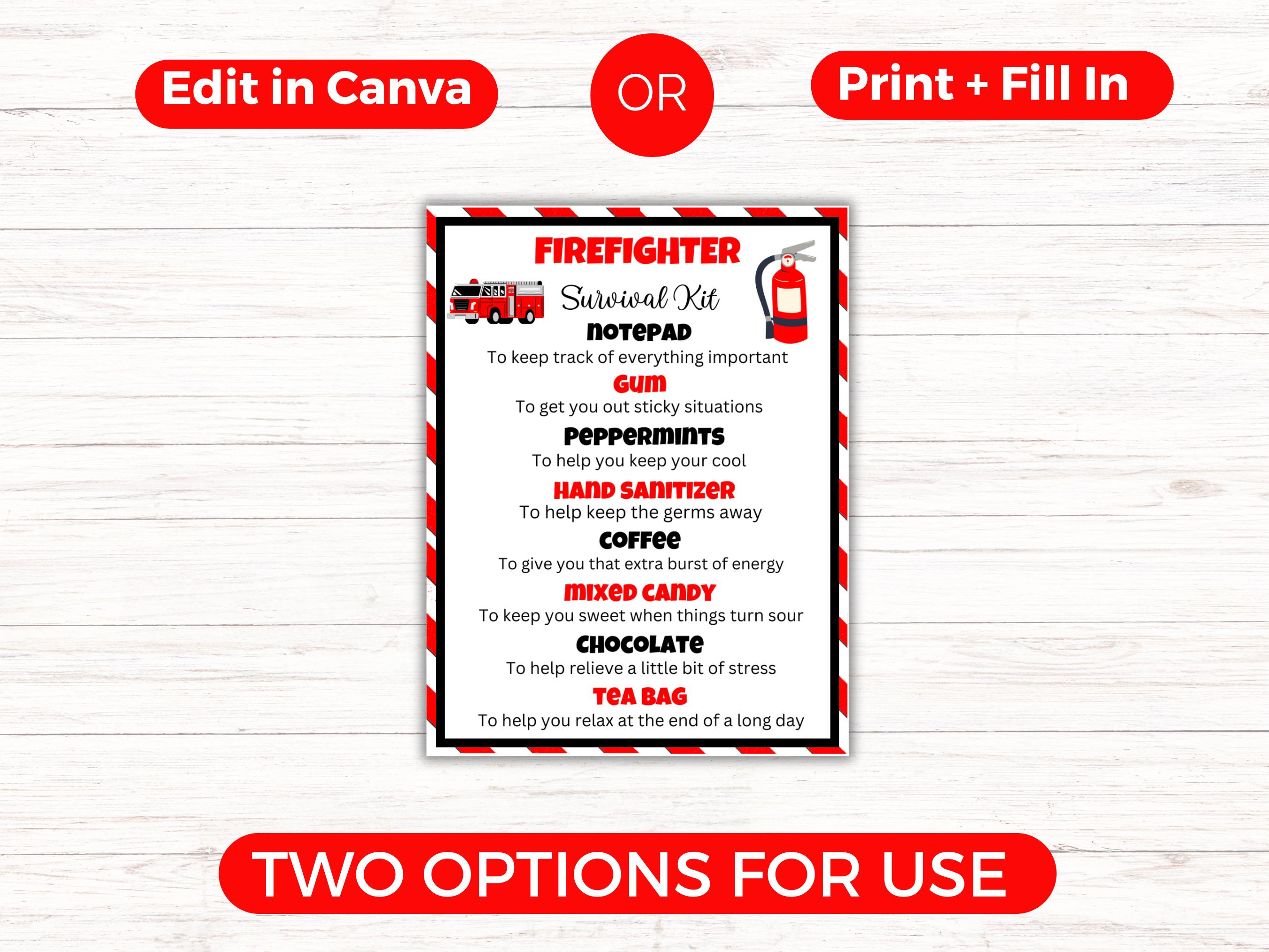 Editable Firefighter Survival Kit Gift Tags, Firefighter Appreciation ...