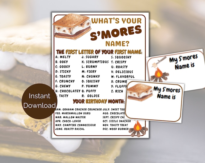 What's Your S'mores Name Game + Name Tags, S'mores Birthday Party ...