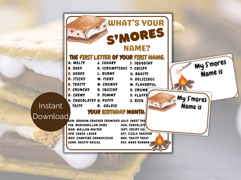 What's Your S'mores Name Game + Name Tags, S'mores Birthday Party ...