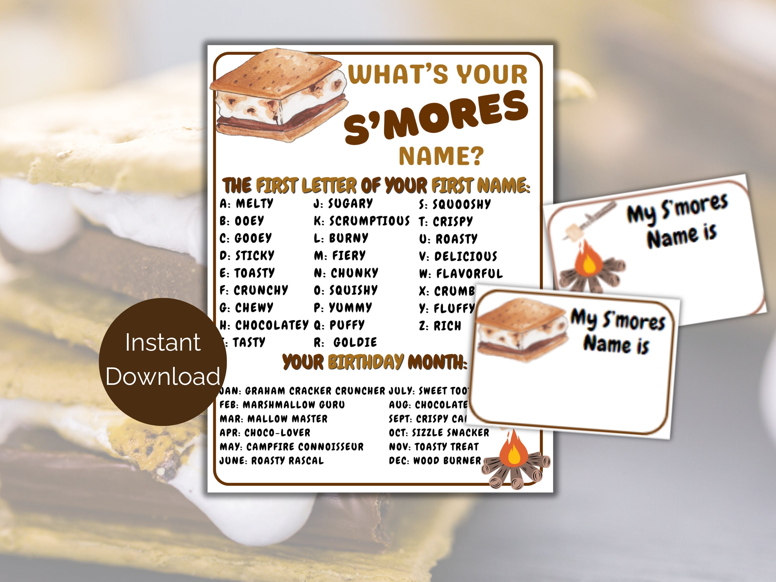 What's Your S'mores Name Game + Name Tags, S'mores Birthday Party ...