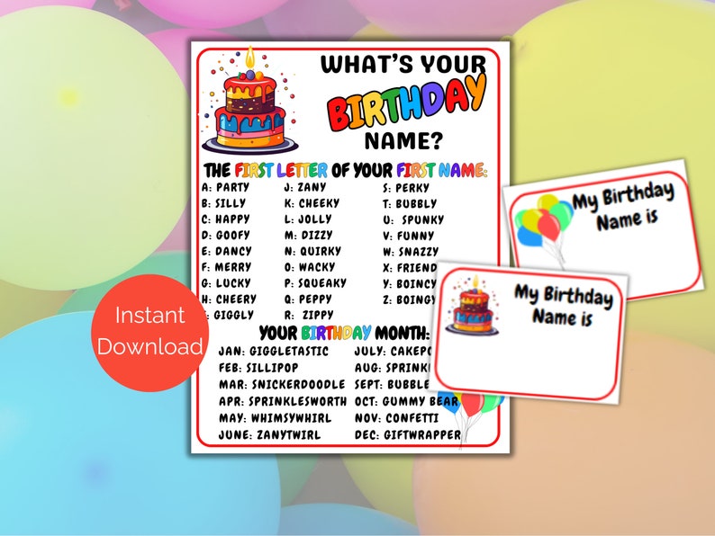 What's Your Birthday Name Game + Name Tags, Birthday Party Activity for ...