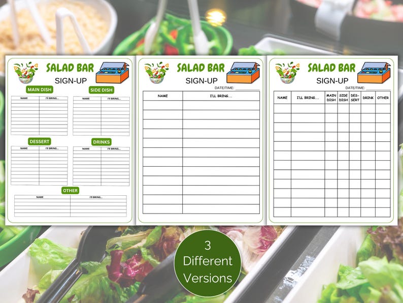 Salad Bar Sign up Sheet, Printable Salad Potluck Sign up Form, Salad ...