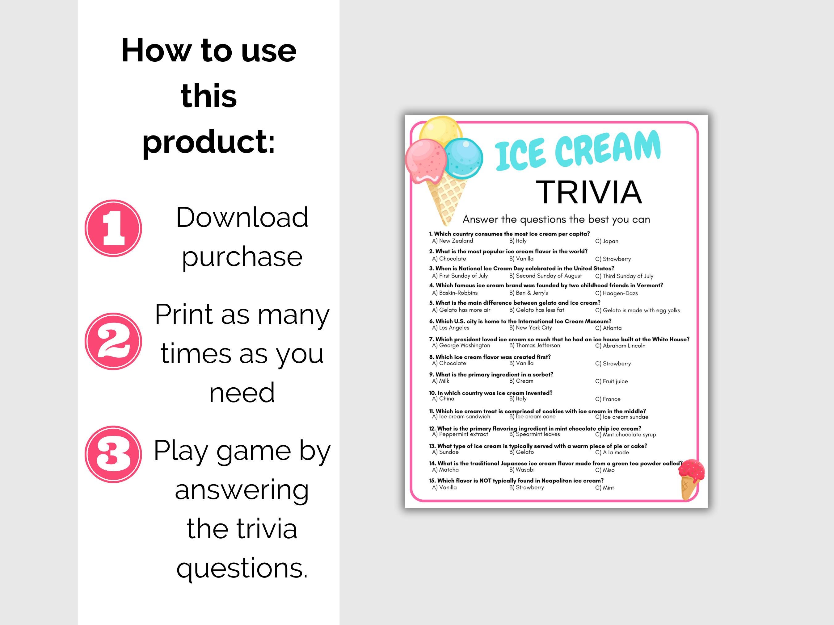 Ice Cream Trivia Game, Printable Ice Cream Quiz, Ice Cream Party Game ...