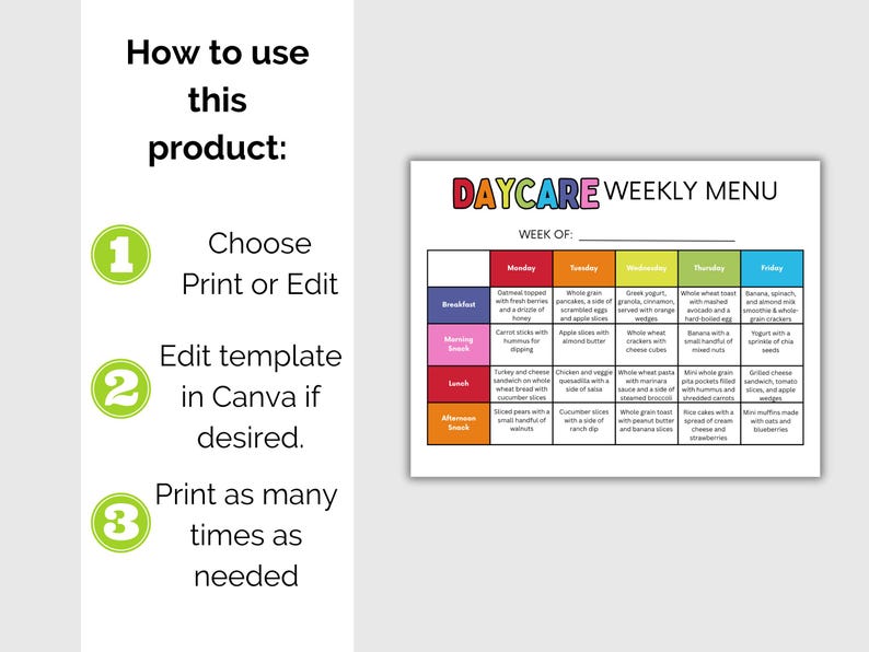 Editable Home Daycare Weekly Menu, Weekly Meal Planner, Preschool Meal ...