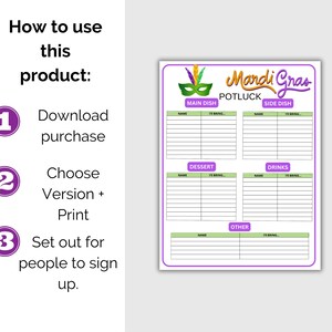 Mardi Gras Potluck Sign up Sheet, Printable Mardi Gras Party Potluck ...