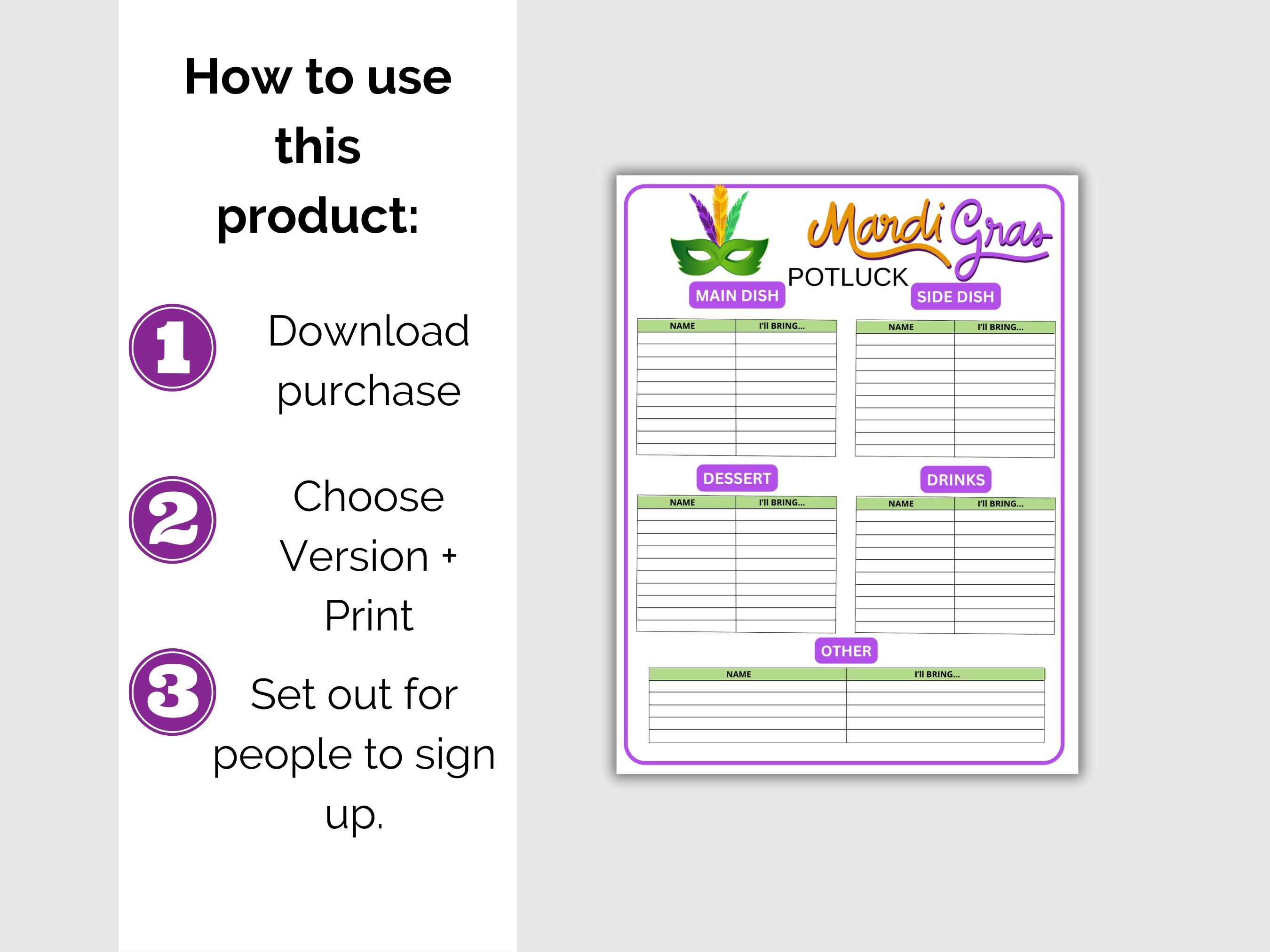 Mardi Gras Potluck Sign up Sheet, Printable Mardi Gras Party Potluck ...