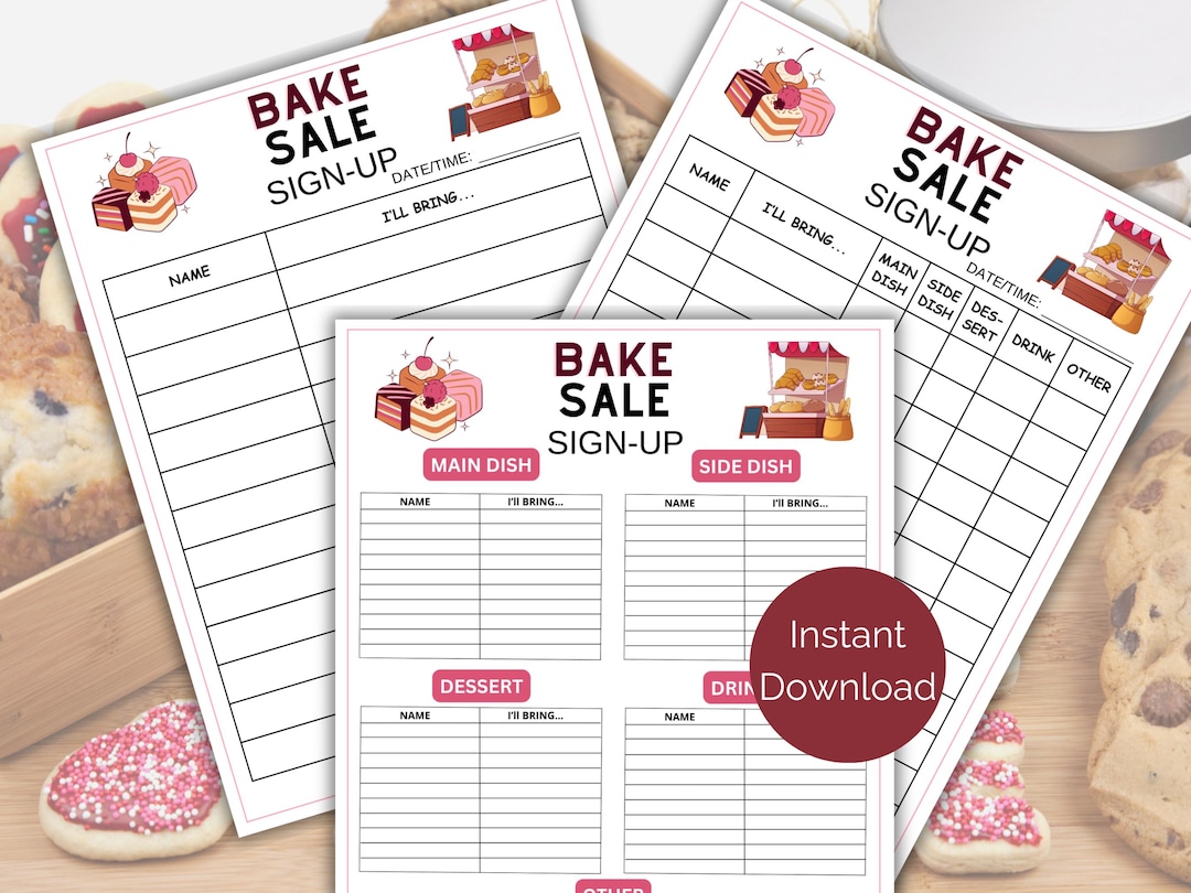 Bake Sale Sign up Sheet, Printable Bake Sale Fundraiser Sign up Form ...