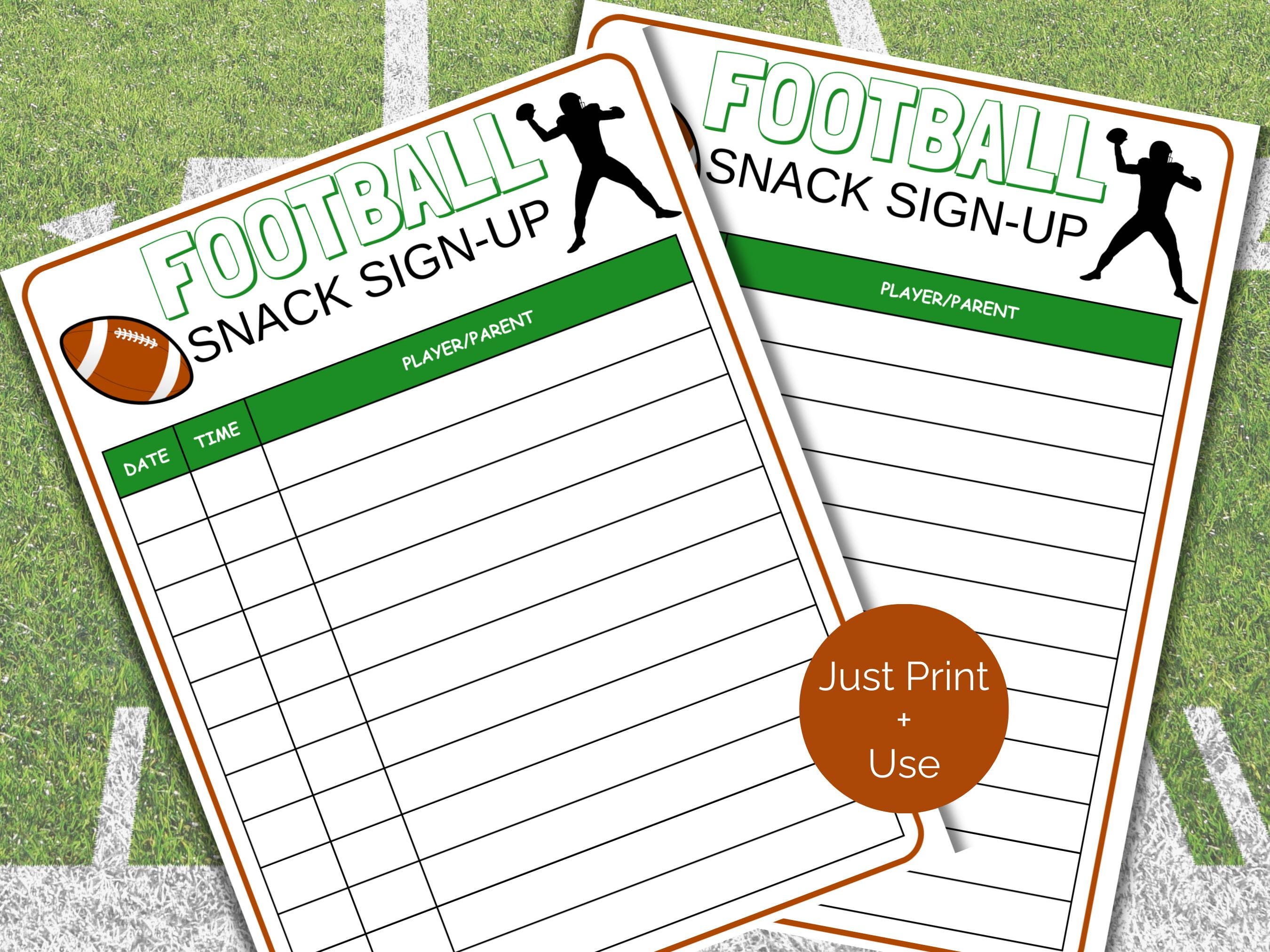 Football Snack Sign up Sheet, Printable Football Snack Schedule ...