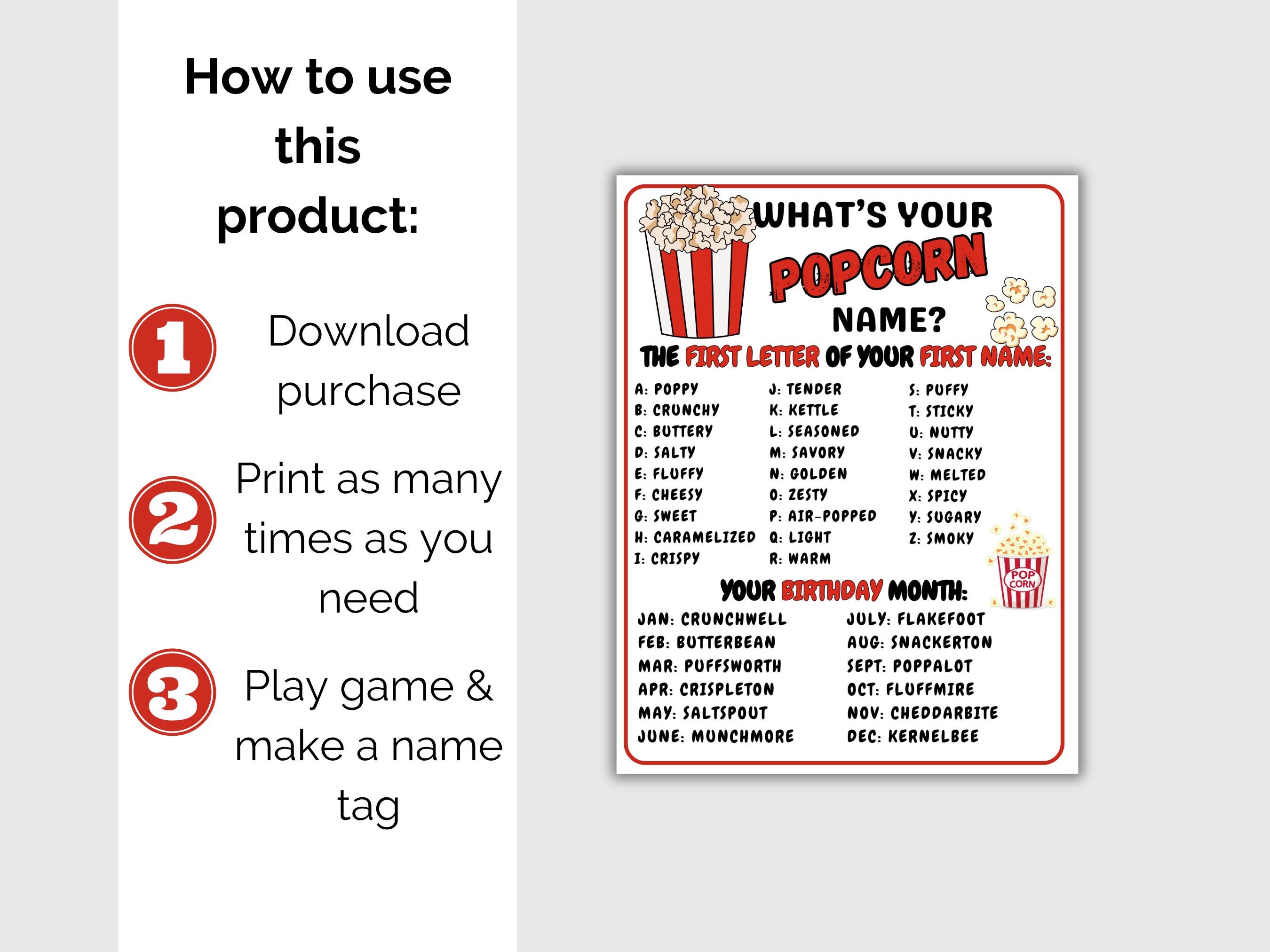 What's Your Popcorn Name Game + Name Tags, Popcorn Party Game, Popcorn ...