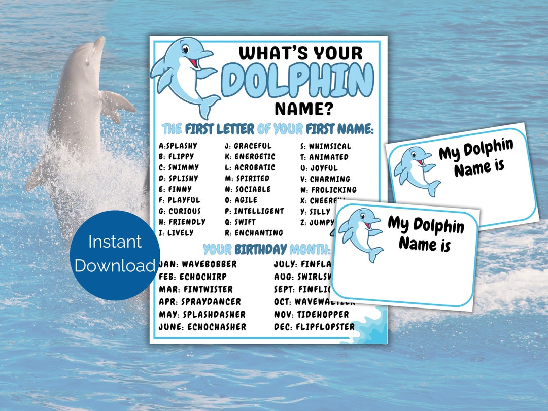 What's Your Dolphin Name Game + Name Tags, Dolphin Birthday Party ...