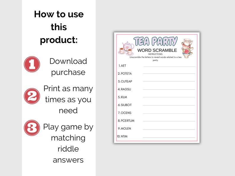 Tea Party Word Scramble Game, Printable Tea Party Games, Garden Party ...