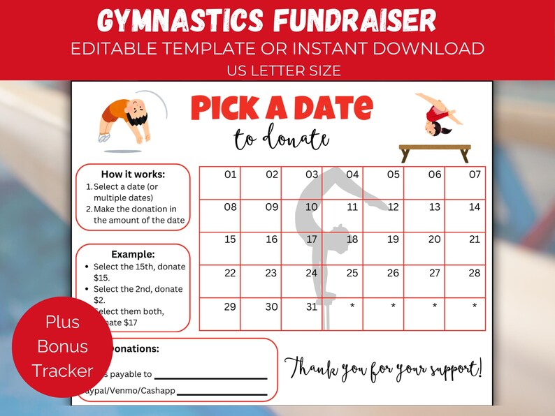 Editable Gymnastics Pick A Date, Gymnastic Fundraiser Calendar ...