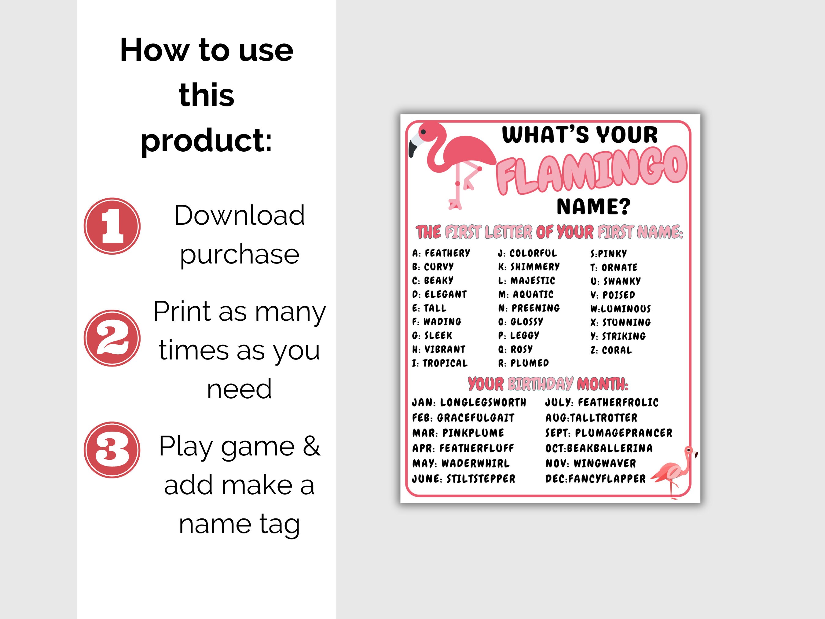 What's Your Flamingo Name Game + Name Tags, Flamingo Baby Shower Game ...