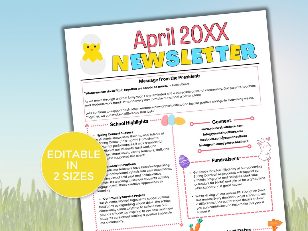 EDITABLE April PTO PTA Newsletter Template, Monthly Classroom April ...