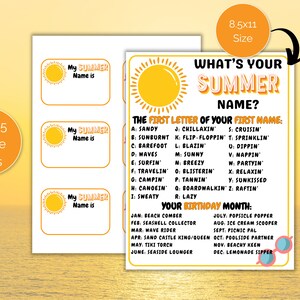 What's Your Summer Name Game + Name Tags, Summer Party Game, Last Day ...
