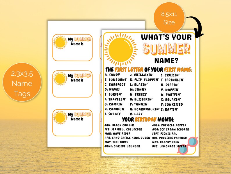 What's Your Summer Name Game + Name Tags, Summer Party Game, Last Day ...