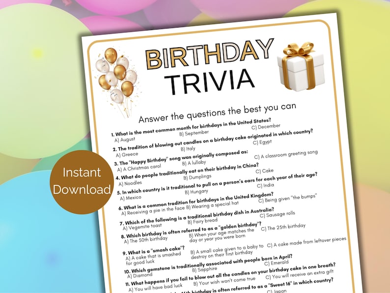 Birthday Trivia Game, Birthday Quiz, Birthday Themed Party Game ...
