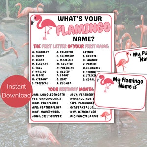 What's Your Flamingo Name Game + Name Tags, Flamingo Baby Shower Game ...