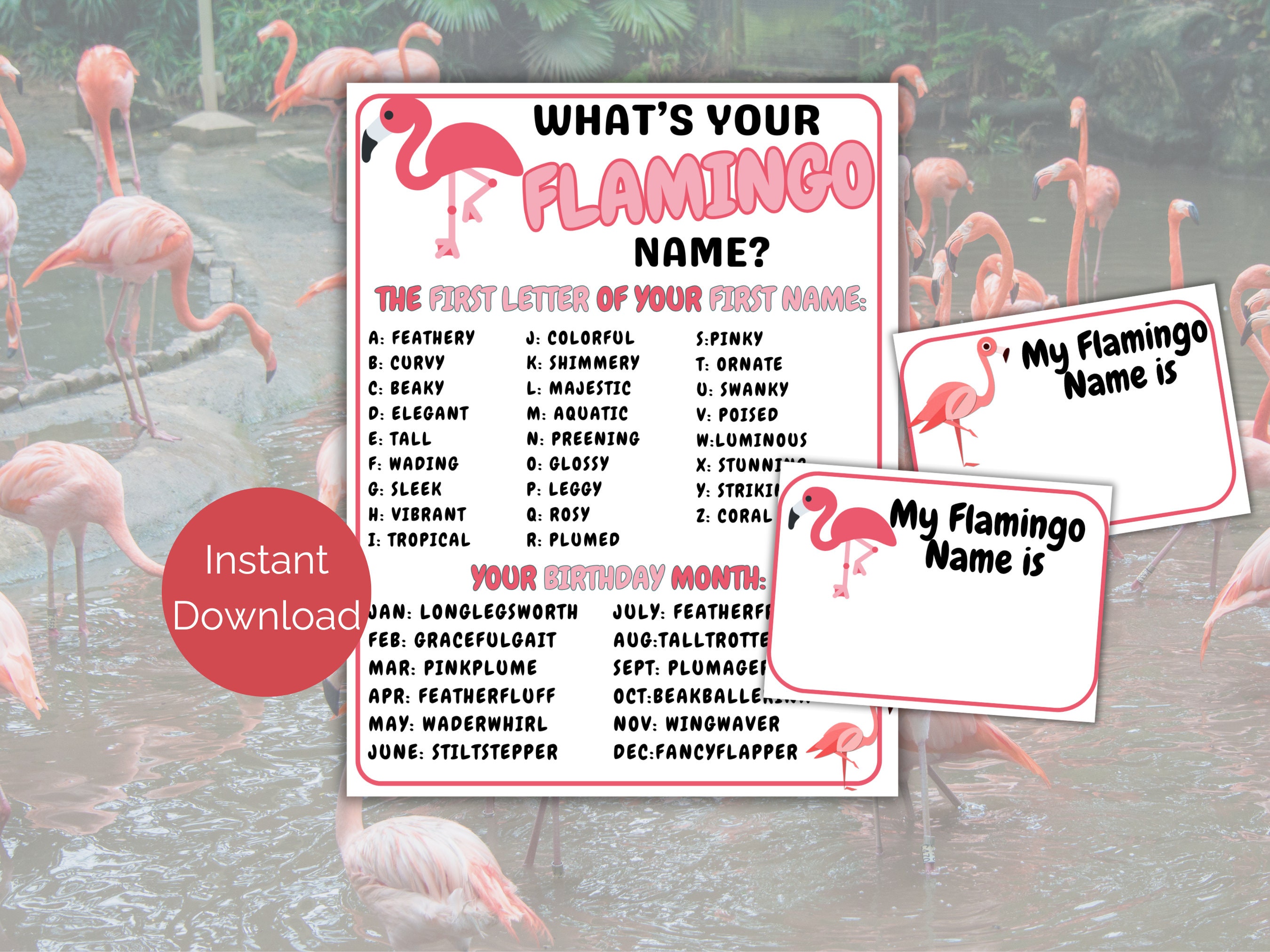What's Your Flamingo Name Game + Name Tags, Flamingo Baby Shower Game ...