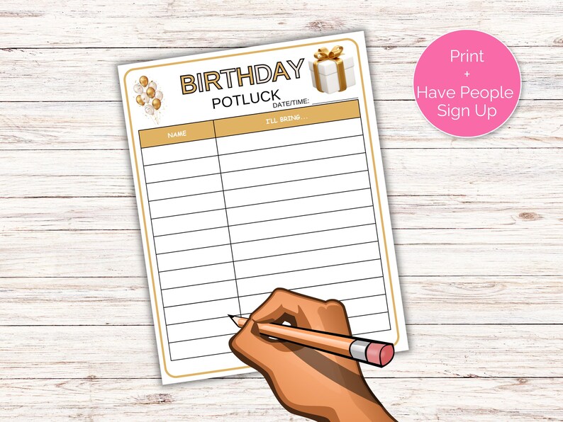 Birthday Potluck Sign up Sheet, Printable Birthday Party Potluck Sign ...