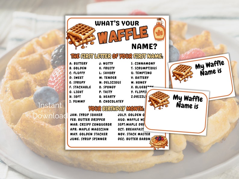 What's Your Waffle Name Game + Name Tags, Waffle Party, Waffle Day Game ...