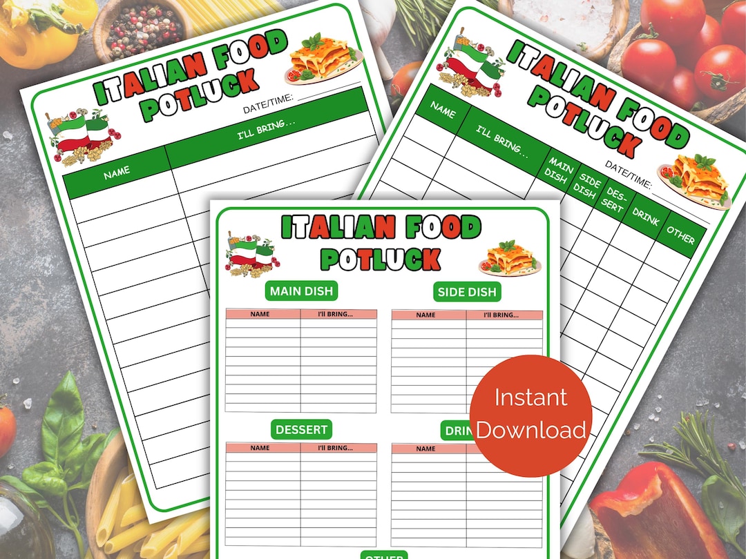 Italian Food Potluck Sign up Sheet, Printable Pasta Dinner Party ...