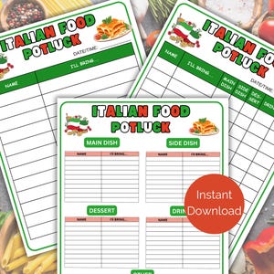 Italian Food Potluck Sign up Sheet, Printable Pasta Dinner Party ...