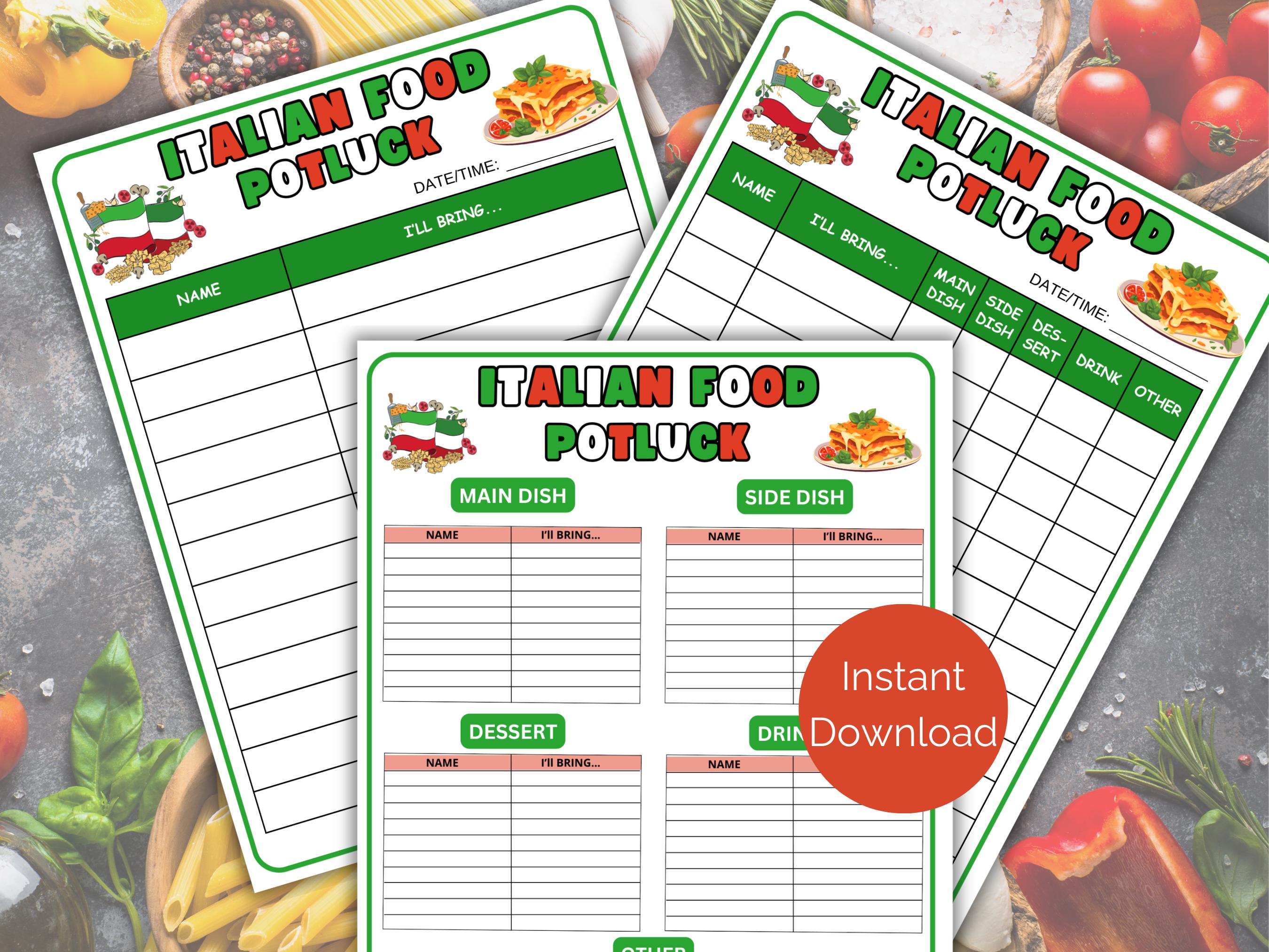Italian Food Potluck Sign up Sheet, Printable Pasta Dinner Party ...
