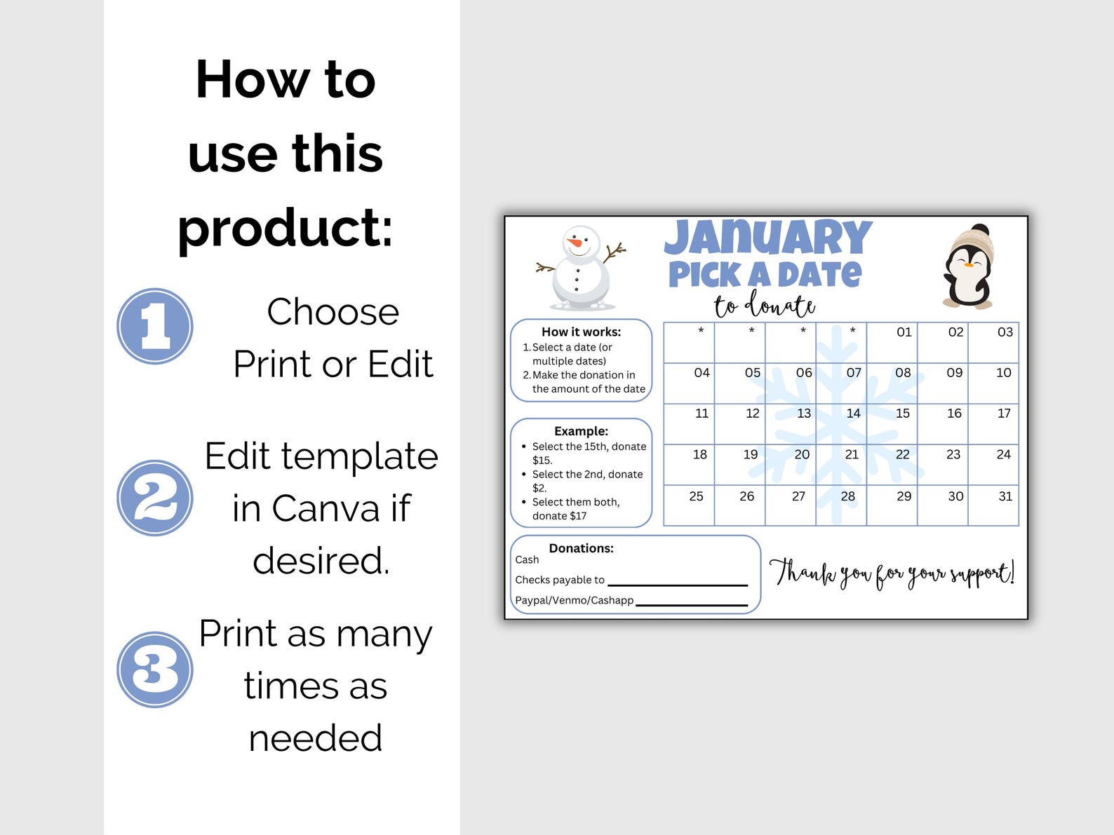 Editable January Pick A Date, January Fundraiser Calendar, Winter ...