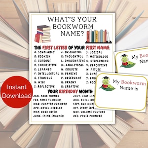 What's Your Bookworm Name Game + Name Tags, Printable Book Club Games ...