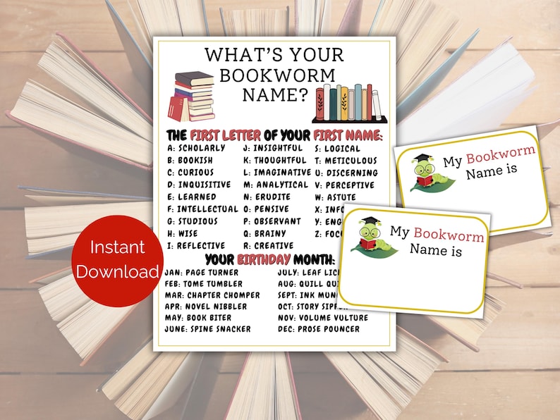 What's Your Bookworm Name Game + Name Tags, Printable Book Club Games ...