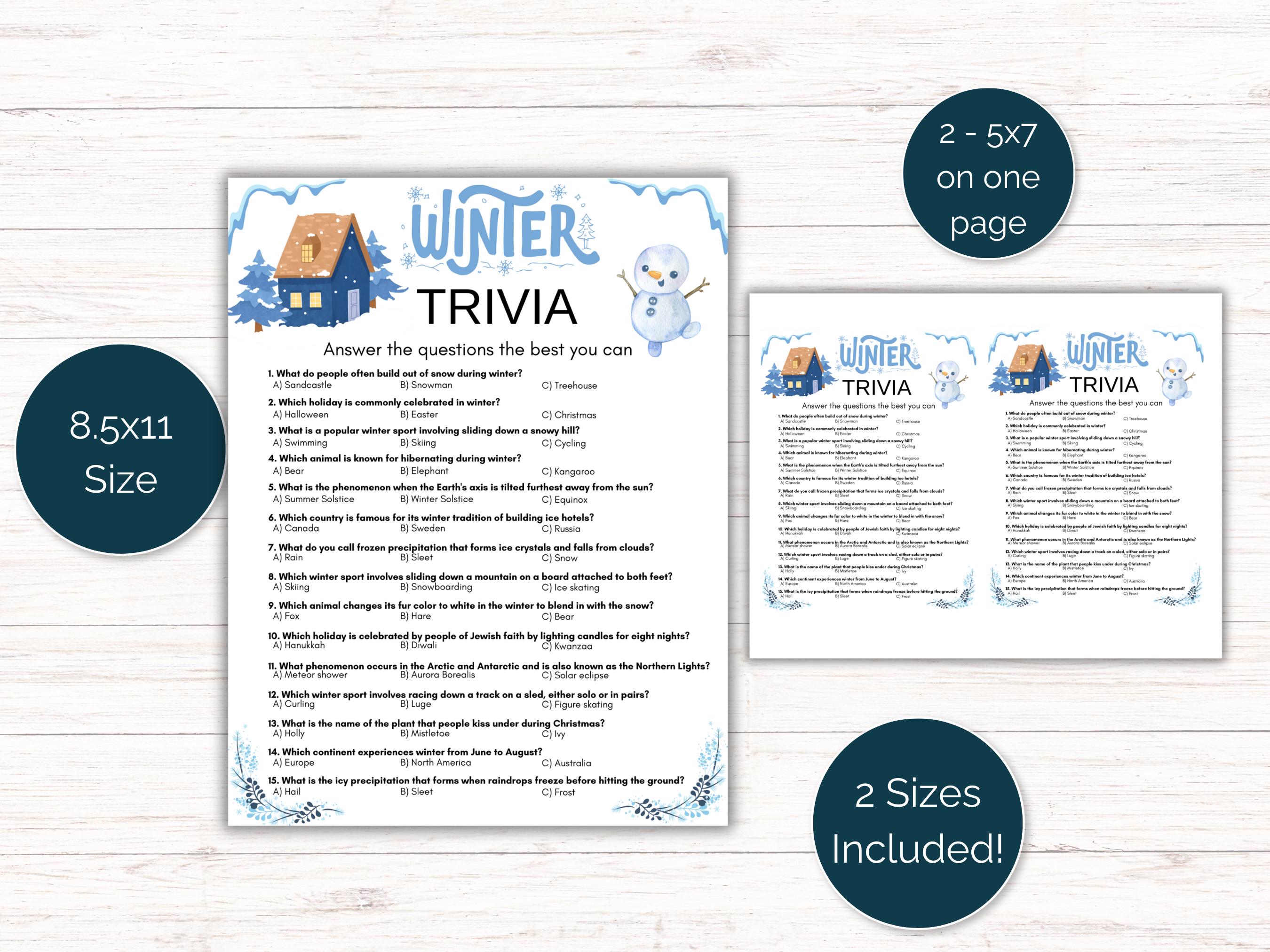 Winter Trivia Game, Winter Quiz, Printable Winter Games for Kids or ...