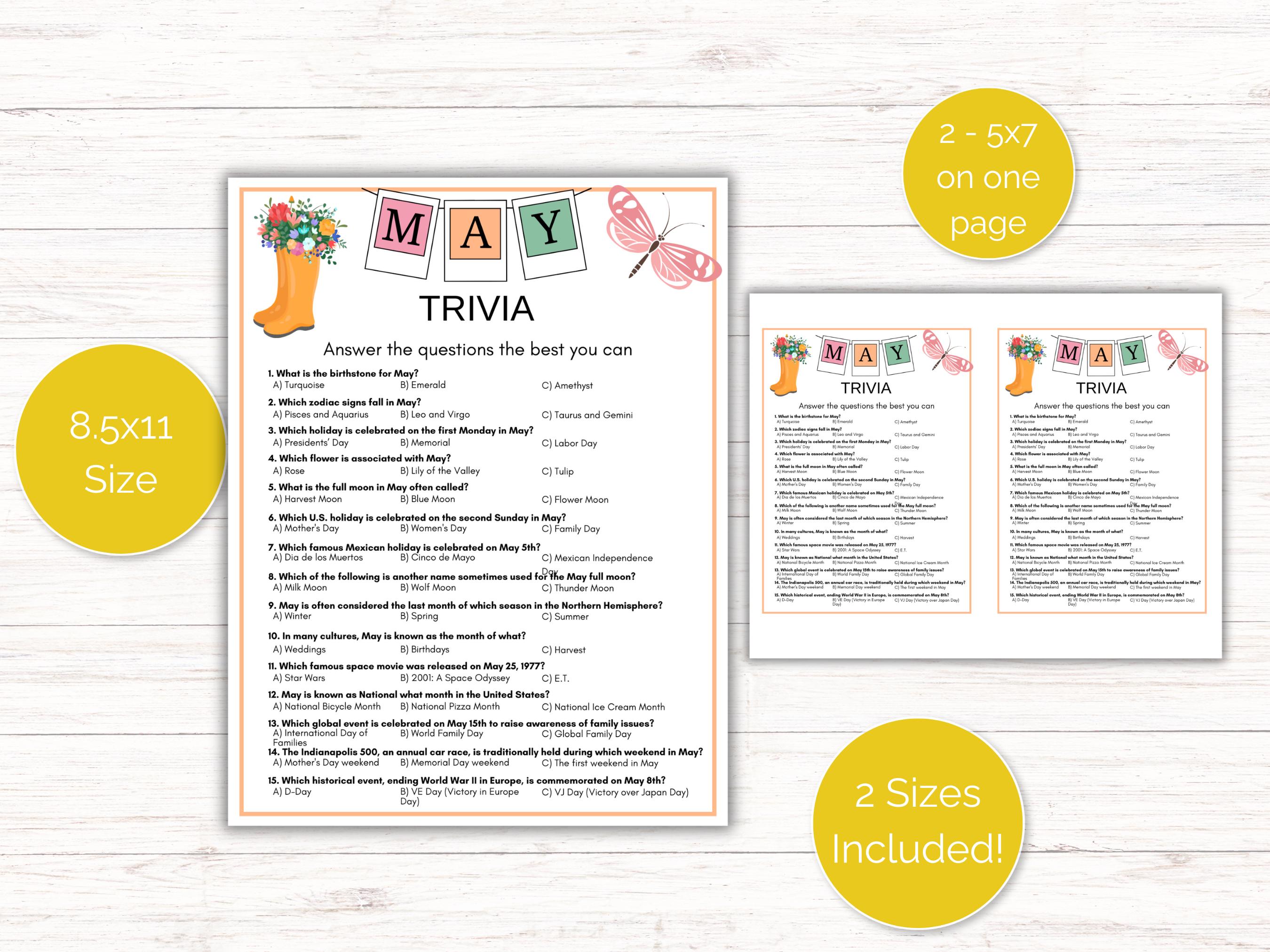 May Trivia Game, May Quiz, Printable Month Party Game, Spring Trivia ...