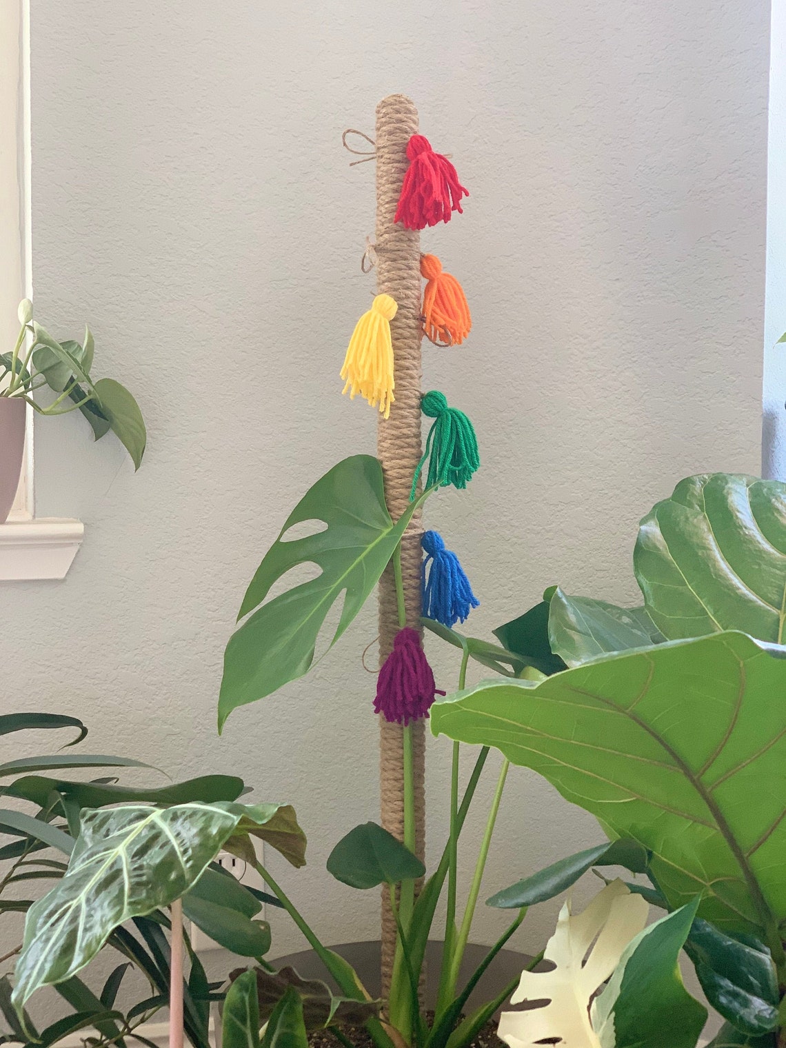 Rainbow Plant Pole—36” Solid Wood Handmade Jute Plant Support Pole W/ 6 ...