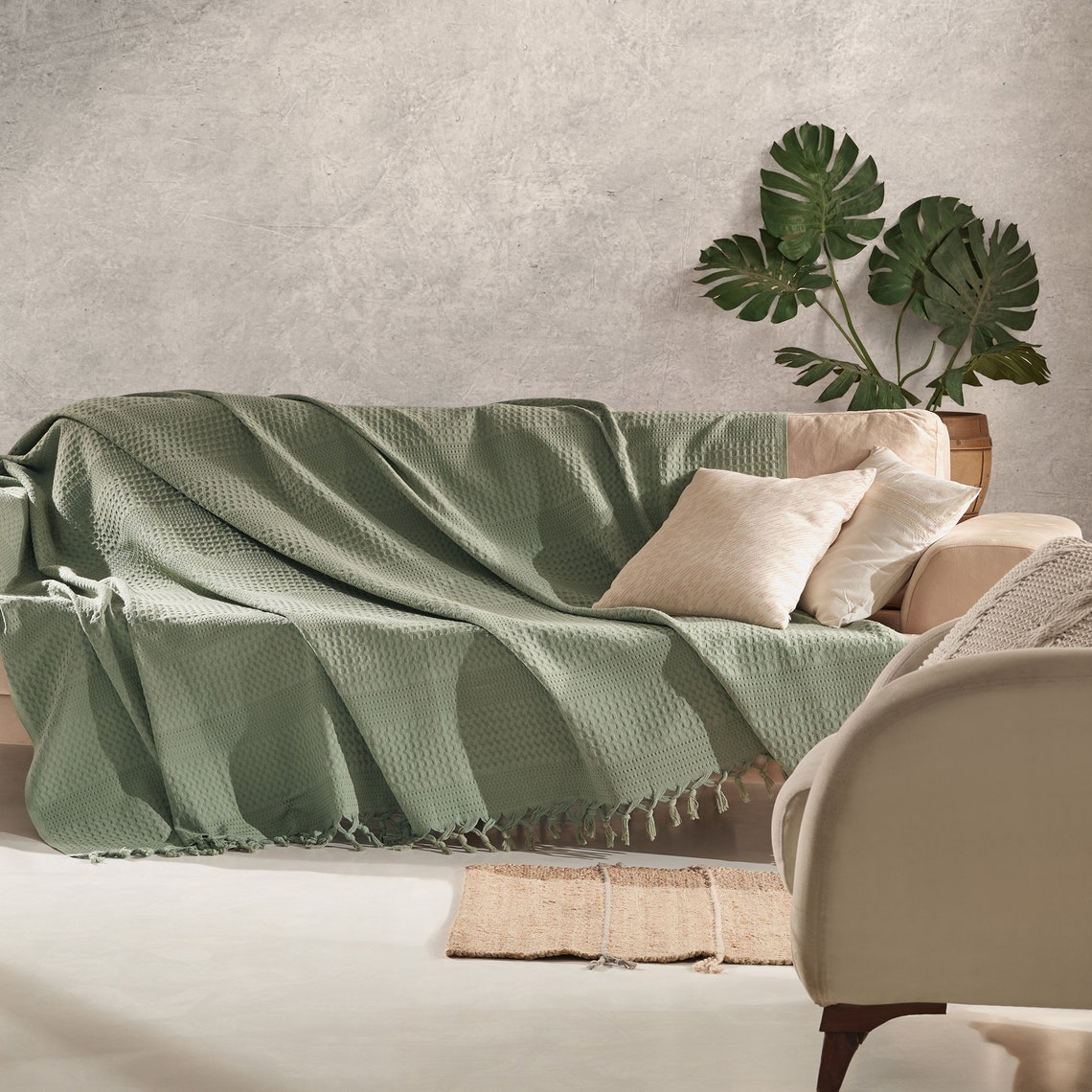 Sage Green Throw - Waffle Blanket - Large Sofa Throws - King Size Bedspread & Double Bed Blanket ...
