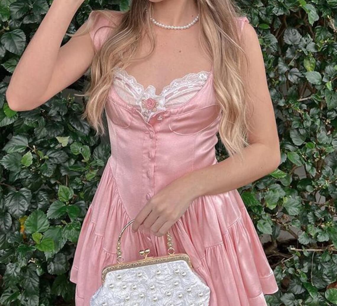 Coquette Pink Satin Mini Dress Dollette Aesthetic Lace Etsy