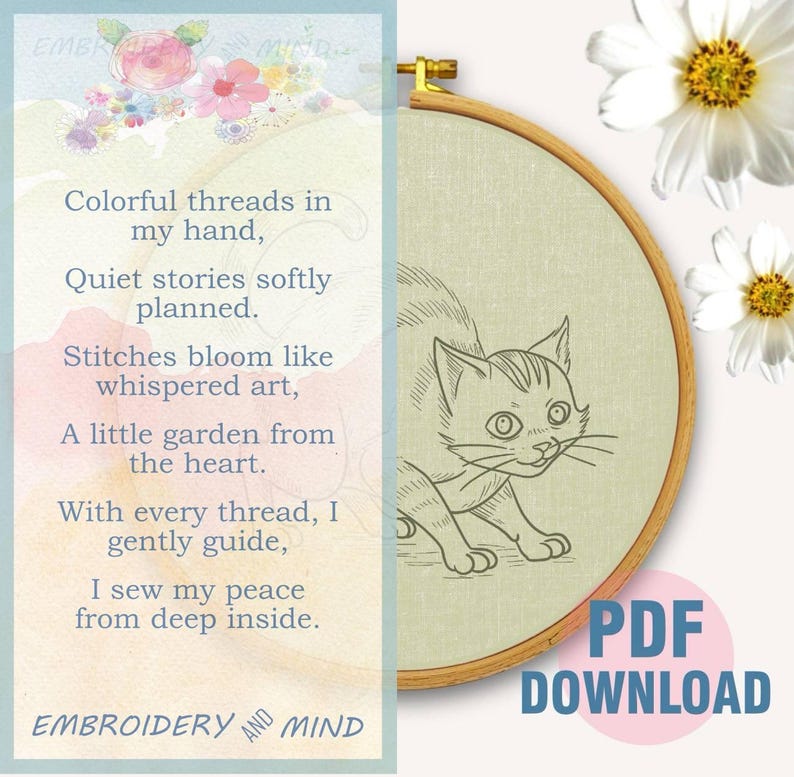 Printable Cute Cat Hand Embroidery Pattern PDF Files Digital Download ...