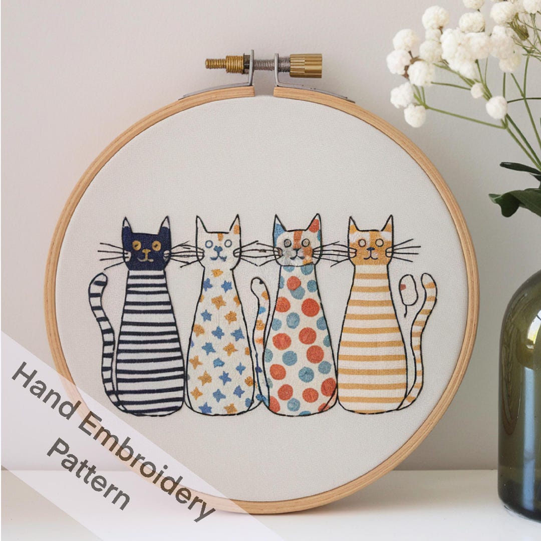 Four Cute Cats Hand Embroidery Pattern Instant Digital Download Fun ...