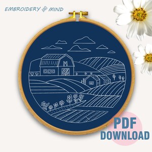 Landscape Embroidery Pattern, Abstract Fields and Flowers Hand ...
