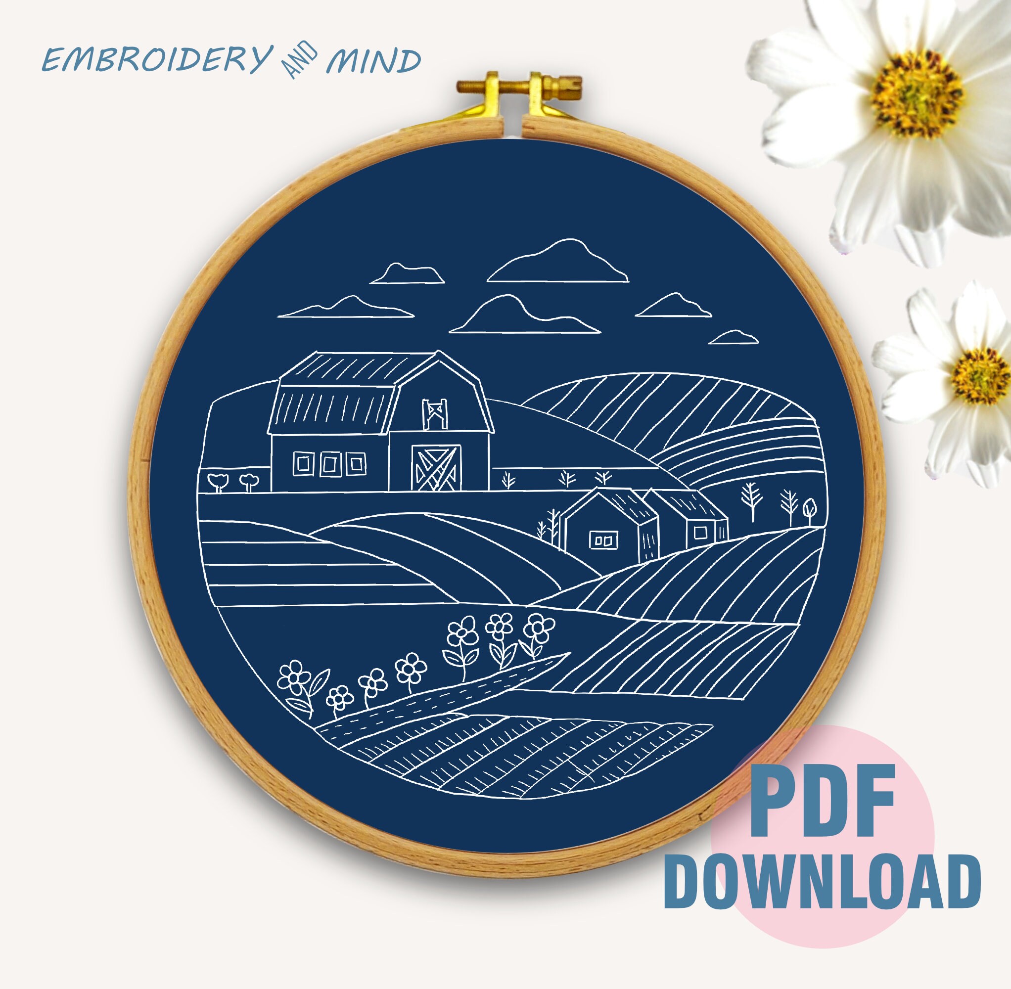Landscape Embroidery Pattern, Abstract Fields and Flowers Hand ...