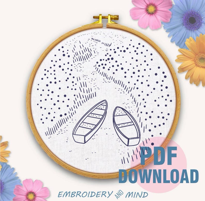 Printable Two Boats on Beautiful River Hand Embroidery Patterns Digital ...