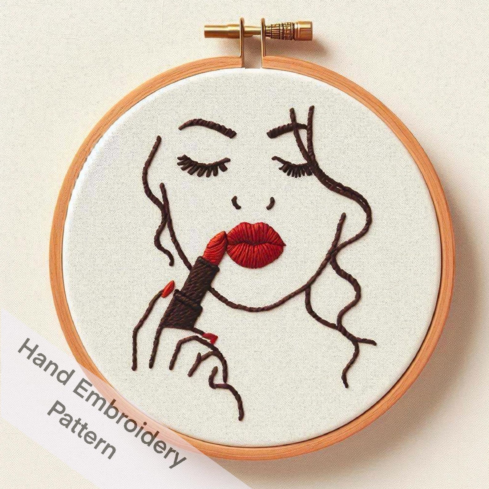 Printable Pretty Lady Make-up With Red Lipstick Hand Embroidery Pattern ...