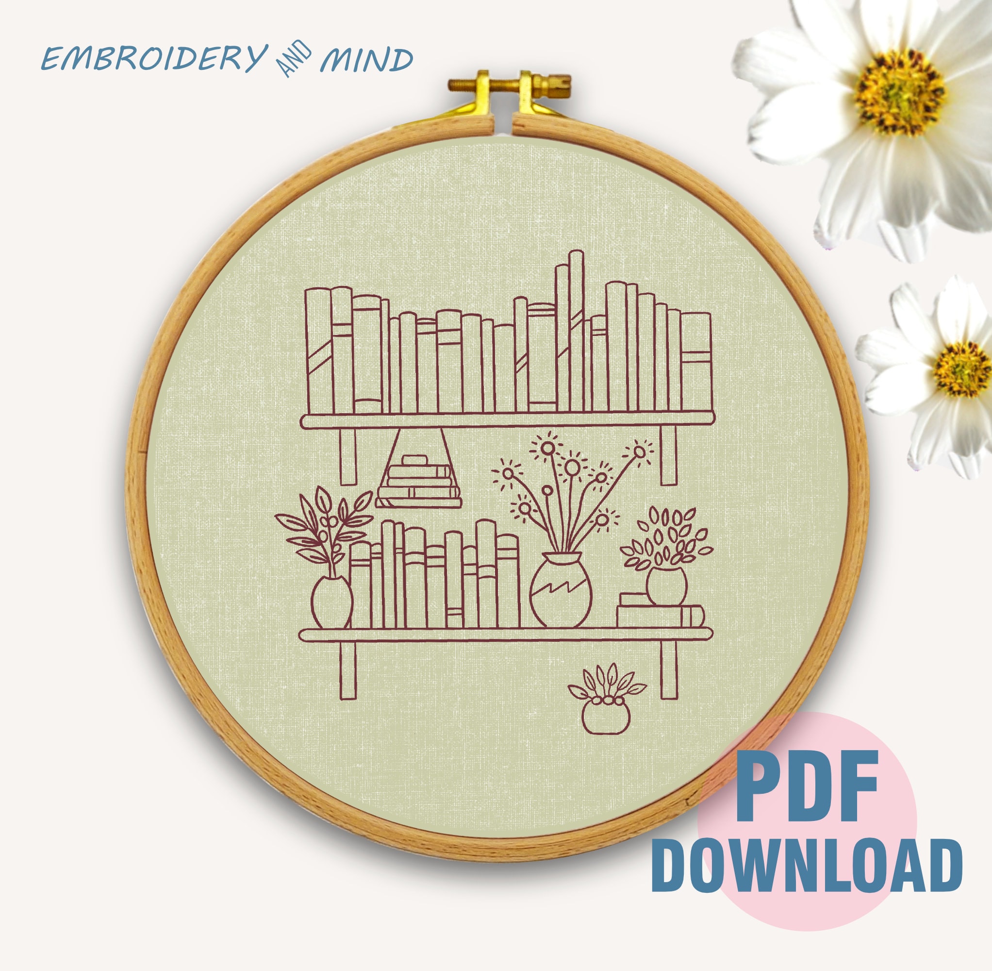 Bookshelf With Flowers Embroidery Design Digital Download Pattern for ...