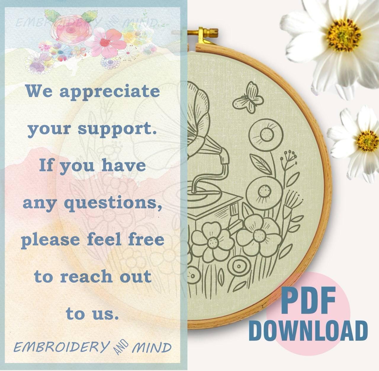 Printable Vintage Gramophone With Flowers Around Hand Embroidery ...