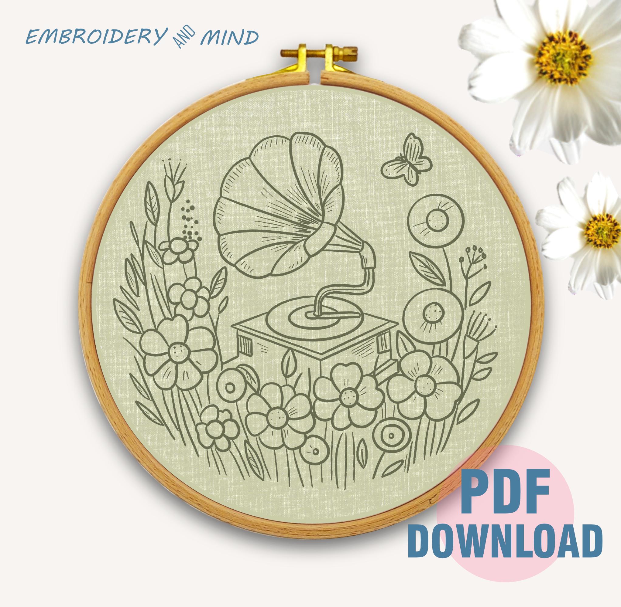 Printable Vintage Gramophone With Flowers Around Hand Embroidery ...