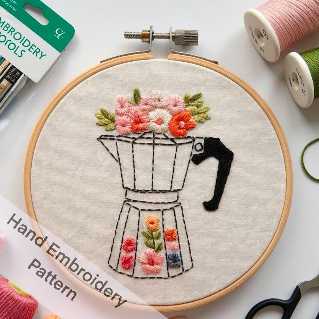 Printable Beautiful Moka Pot With Colorful Flowers Hand Embroidered PDF ...
