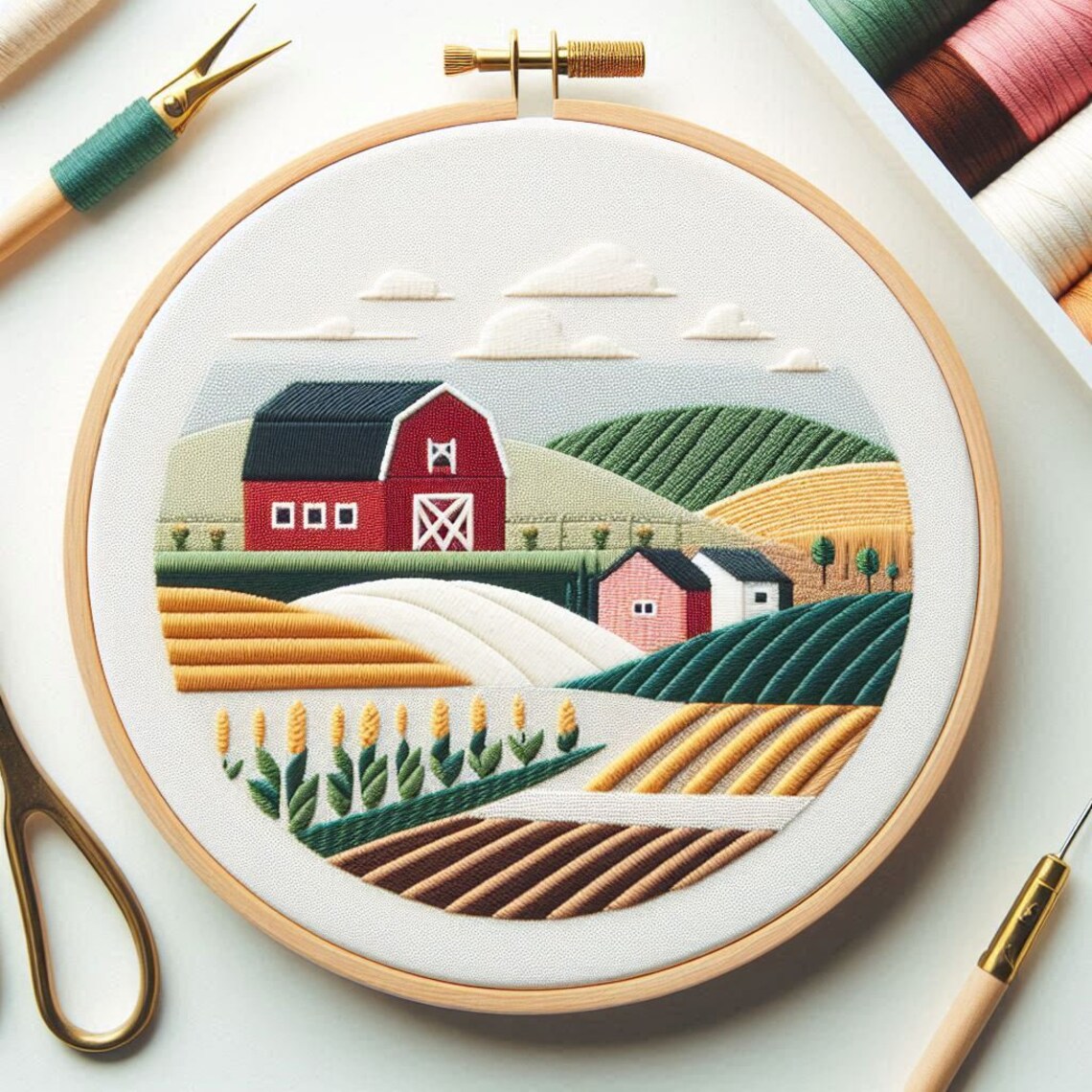 Landscape Embroidery Pattern, Abstract Fields and Flowers Hand ...