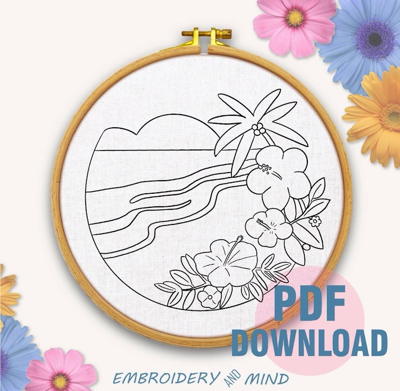 Printable Tropical Landscape Sea Ocean Hand Embroidery Pattern Summer ...