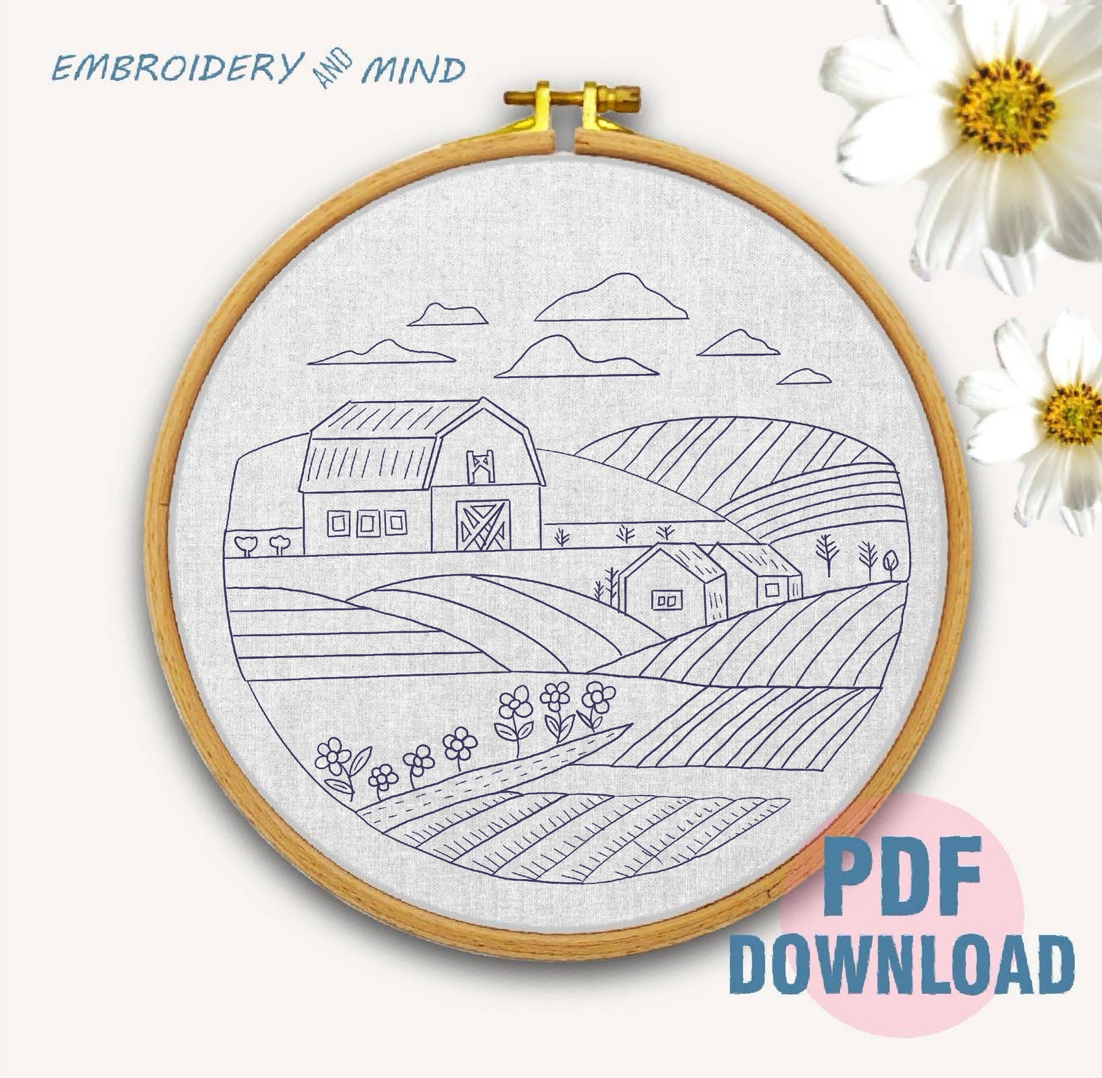 Landscape Embroidery Pattern, Abstract Fields and Flowers Hand ...