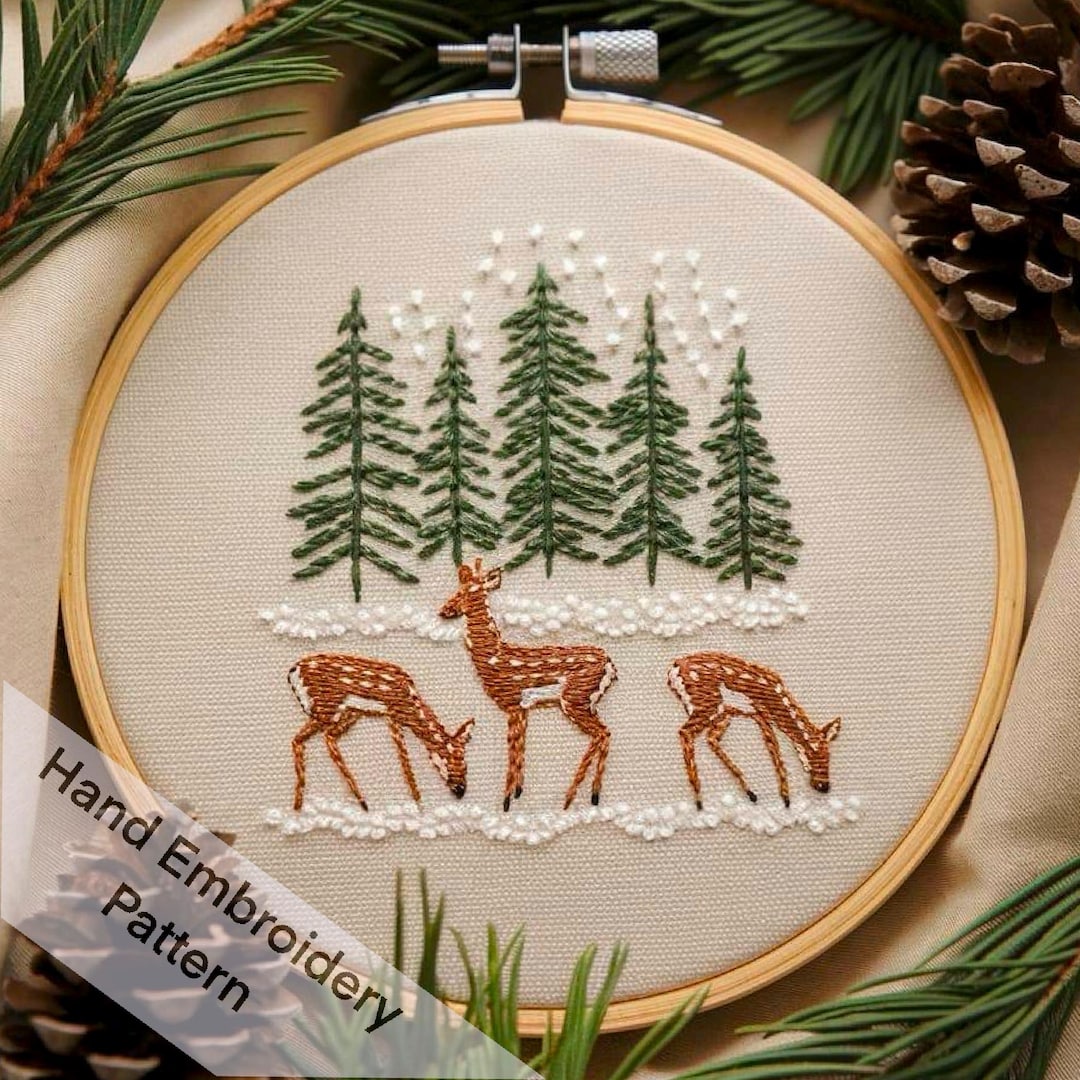 Winter Scene Pine Trees and Deers Hand Embroidered Pattern Digital ...
